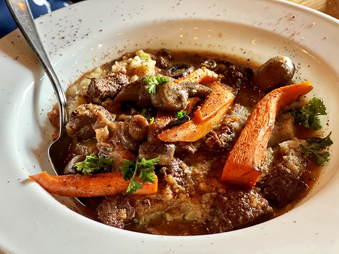 This beef stew doesn't just warm your belly; it tells a story of slow-cooked perfection where each carrot and chunk of beef has found its purpose in life.