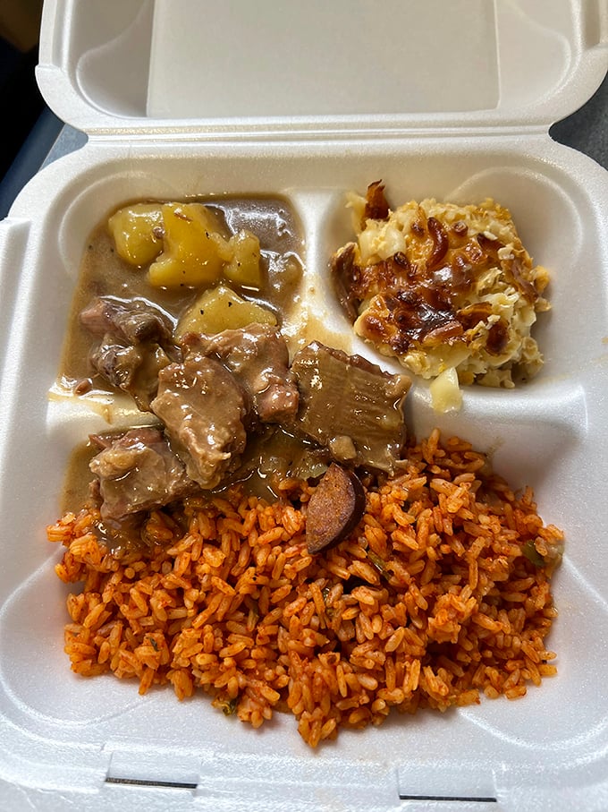 Beef stew that's been simmering since yesterday, tender chunks of meat swimming alongside potatoes in a gravy worth bottling and taking home.