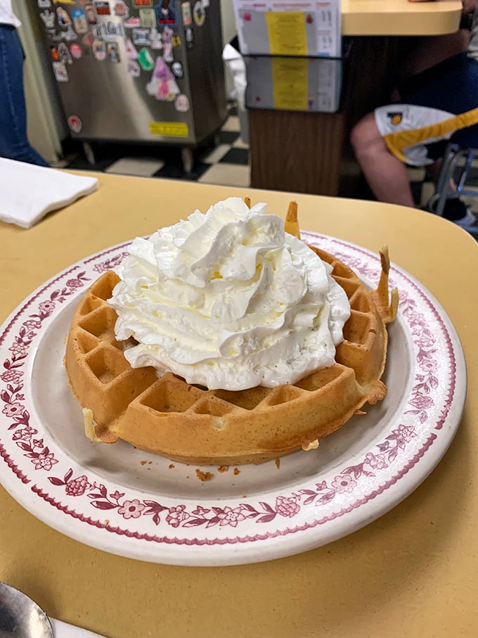 The Belgian waffle arrives like a cloud topped with whipped cream mountains. Breakfast or dessert? At Cross Keys, the answer is gloriously "both."
