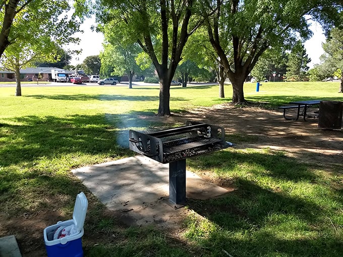 Nothing says "community" like a park barbecue area waiting for the next family gathering. The trees provide shade that feels like nature's air conditioning.