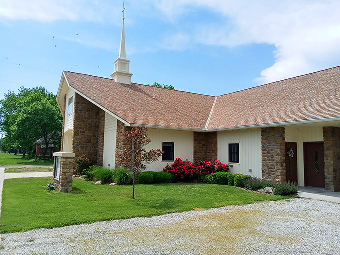 Not all treasures are hidden! This stone and white church stands as a testament to faith and community craftsmanship in rural Kansas.
