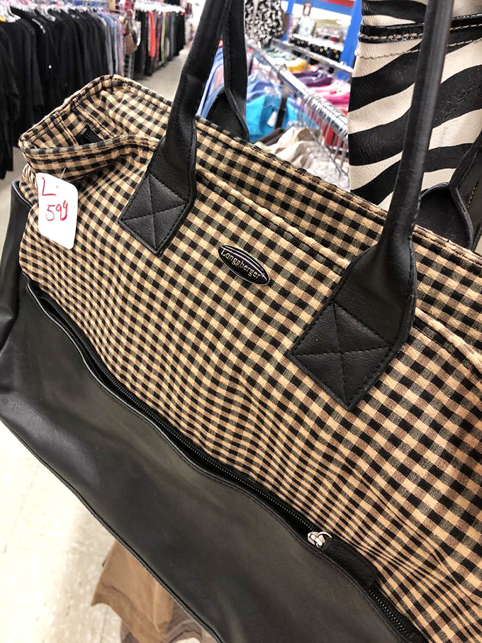A classic checkered Longaberger bag awaits its next owner. Some vintage finds have more life left in them than most brand-new items from the mall.
