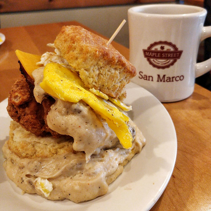Architecture that would make Frank Lloyd Wright jealous. This gravity-defying tower of breakfast goodness somehow manages to look both impossible and inevitable.