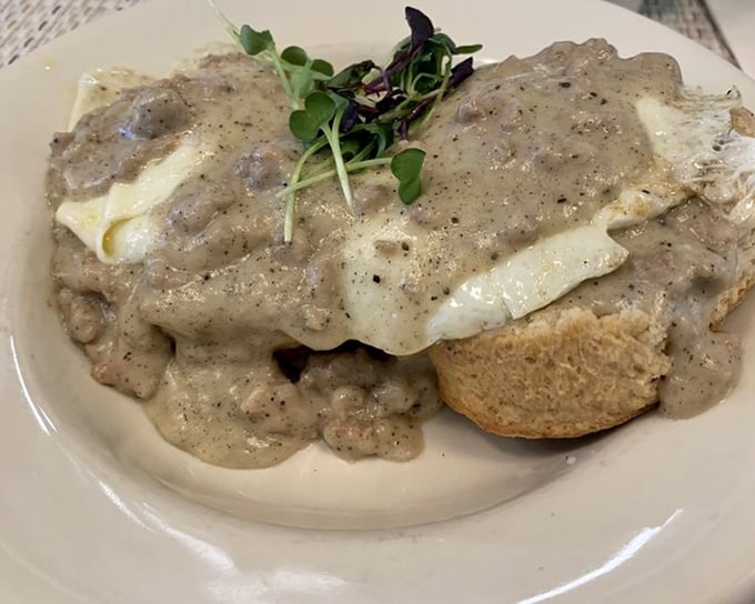 Biscuits and gravy that would make your Southern grandmother weep with joy. That peppery blanket of gravy doesn't just cover the biscuit&mdash;it embraces it.