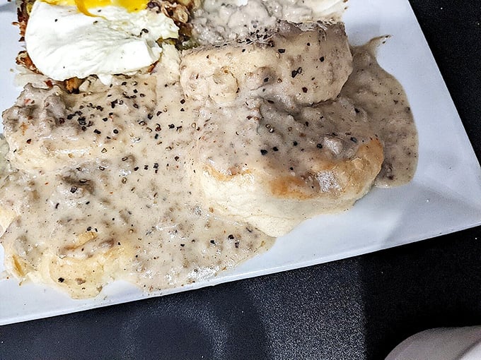 Biscuits and gravy &ndash; the ultimate comfort food litmus test. Busy Bee's version passes with flying colors and peppery, creamy perfection that clings lovingly to each bite.