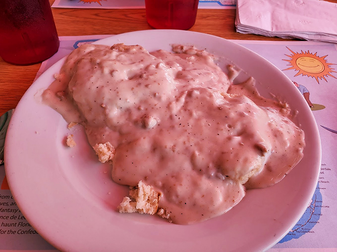 Biscuits and gravy that would make your Southern grandmother weep with joy &ndash; a creamy, peppery blanket covering pillowy clouds of dough.