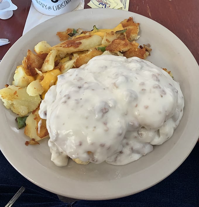 Biscuits and gravy: the breakfast that hugs you from the inside. This plate doesn't just say "good morning"&mdash;it practically sings it.