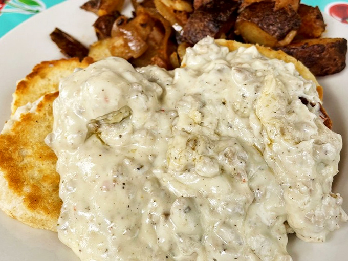 Biscuits and gravy that would make your Southern grandmother both proud and a little jealous of their creamy, peppery perfection.