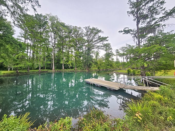 Mirror of tranquility: The impossibly clear blue-green waters reflect the surrounding cypress trees, creating a double image of Florida's natural beauty.