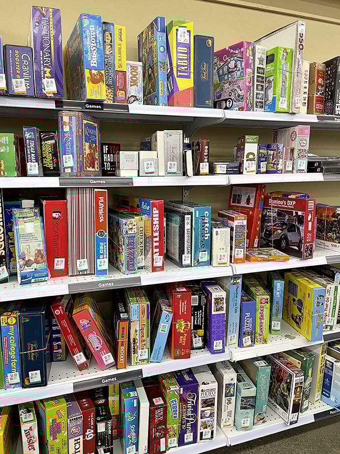 Board game heaven! From vintage Monopoly to barely-played party games, each box contains both entertainment and a slice of cultural history.