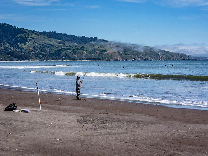 A lone fisherman tests his luck against the Pacific. In Bolinas, this counts as rush hour at the beach.