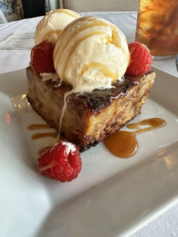 Bread pudding that makes you consider moving to Destin permanently, with ice cream melting like your resolve to share dessert.
