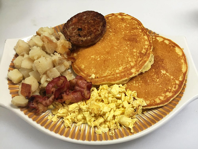 Breakfast platters that say "We understand hangovers and long workdays equally well"&mdash;golden pancakes, home fries, and eggs that'll set your day right.