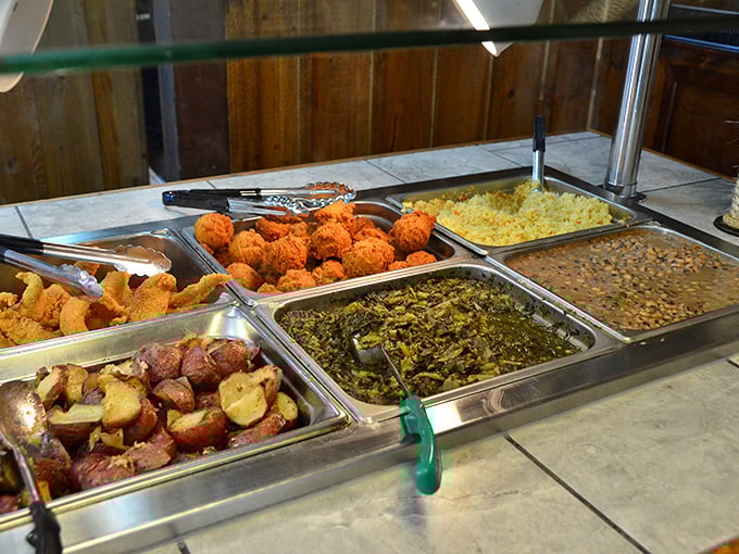 Southern comfort in buffet form. Red potatoes, golden hushpuppies, turnip greens, and beans&mdash;proof that side dishes deserve their moment in the spotlight too.