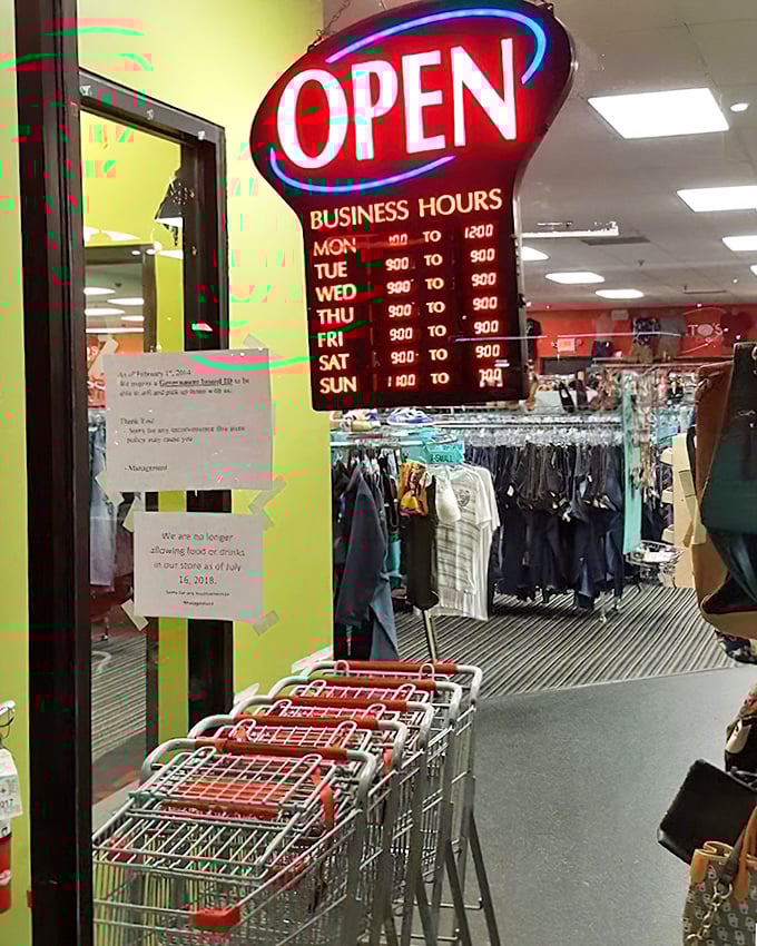 The "Open" sign tells the tale of accessibility&mdash;9 to 9 most days means plenty of time for fashion exploration.