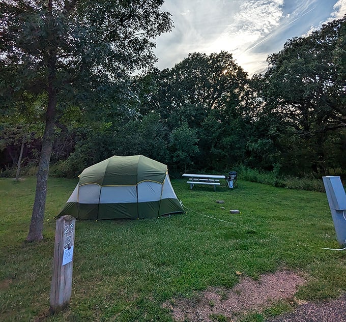 Camping with a view that beats any five-star hotel. This tent site offers the rare amenity of billion-year-old rock formations as your headboard.