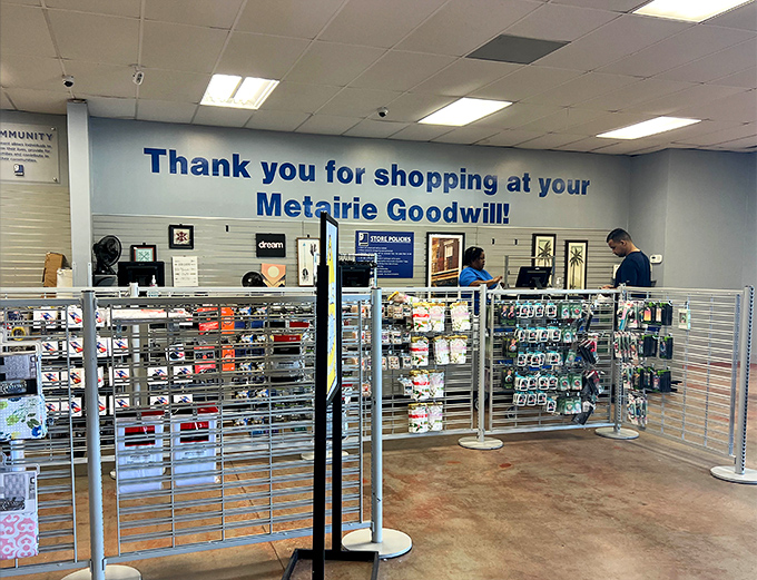 "Thank you for shopping at your Metairie Goodwill"—words that signal mission accomplished for bargain hunters with carts full of discoveries.