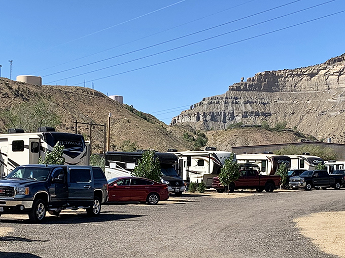 At Castle Gate RV Park, the majestic cliffs serve as nature's version of a five-star hotel backdrop. Who needs room service when you've got views like these?