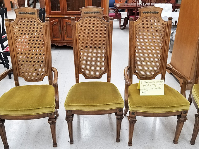 These cane-backed beauties with their mustard velvet seats have witnessed countless dinner conversations. If only they could talk!
