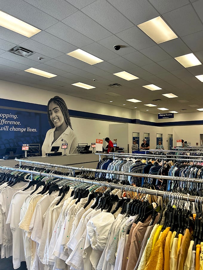 Fitting rooms await as shoppers navigate the organized chaos, where "Changing lives, one job at a time" isn't just a slogan but a mission.