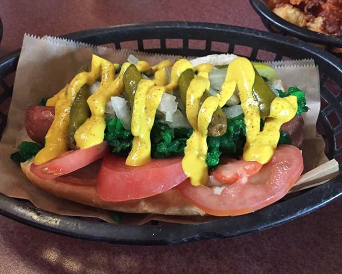 A symphony of colors and textures&mdash;this dog proves that sometimes the most beautiful things in life come nestled in a soft bun with mustard drizzled just so.