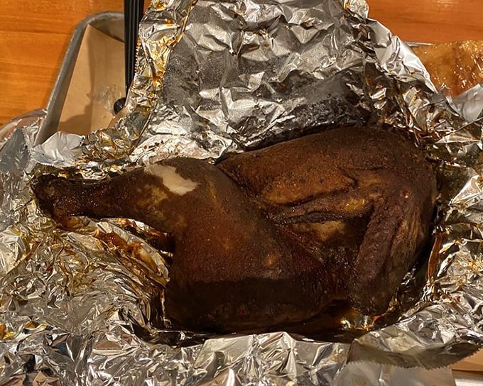 This chicken has clearly been introduced to smoke and spice in a way that suggests a beautiful friendship rather than a brief acquaintance.