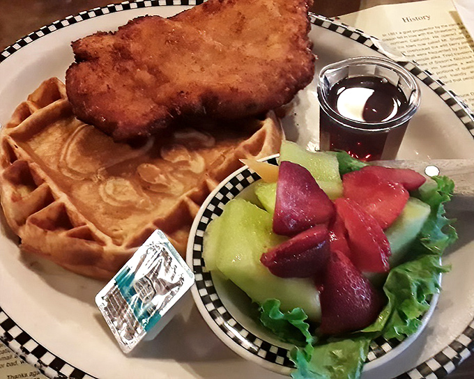Chicken and waffles: where breakfast and dinner have a delicious identity crisis that nobody wants to resolve.