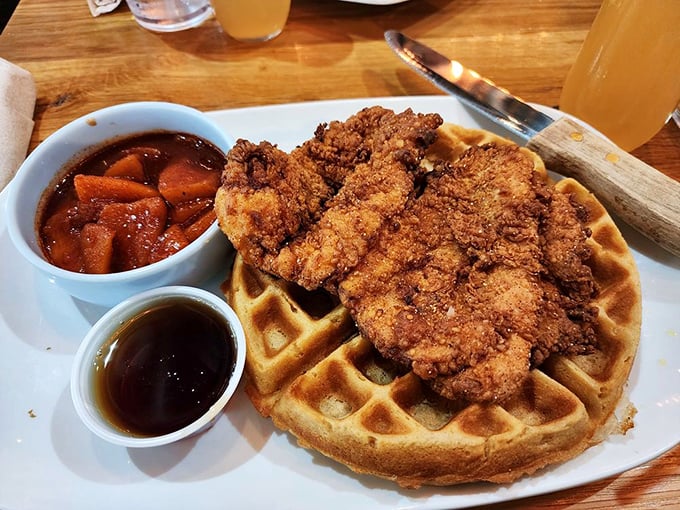 Chicken and waffles: where Southern comfort meets breakfast rebellion. That golden waffle cradles perfectly fried chicken like they were made for each other.