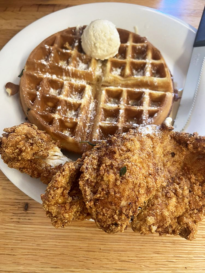 Chicken and waffles: the breakfast equivalent of a power couple, where crispy meets fluffy and savory dances with sweet in perfect harmony.