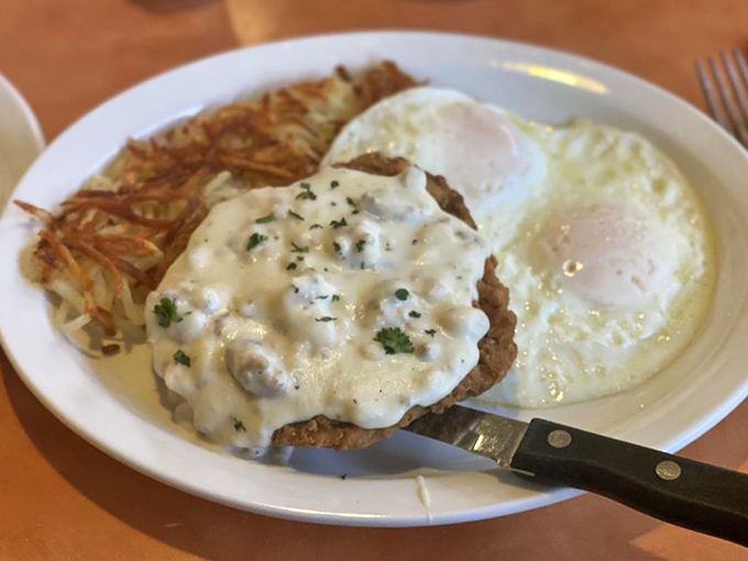 Chicken fried steak with gravy and eggs &ndash; the breakfast equivalent of hitting the jackpot on your first pull in Vegas.