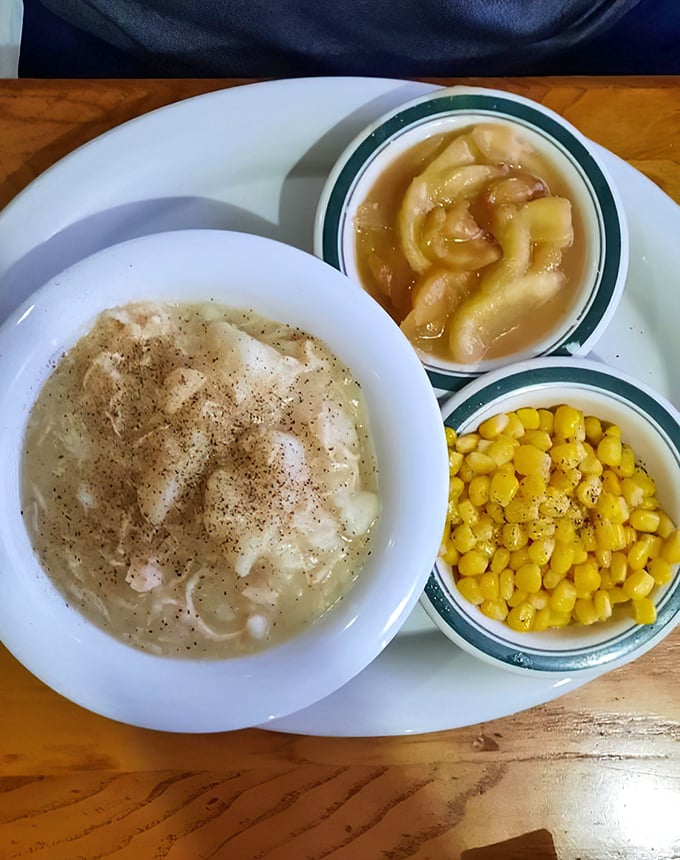 A bowl of chicken and dumplings that would make any Southerner homesick, with tender chunks of chicken swimming in broth alongside buttery corn and cinnamon-kissed apples.
