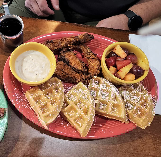 When chicken meets waffles with that kind of confidence, you know you're in for something special&mdash;and that powdered sugar seals the deal.