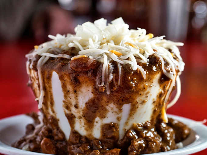 Behold the chili-topped baked potato&mdash;a mountain of comfort crowned with melted cheese that makes mashed potatoes seem like they're not even trying.