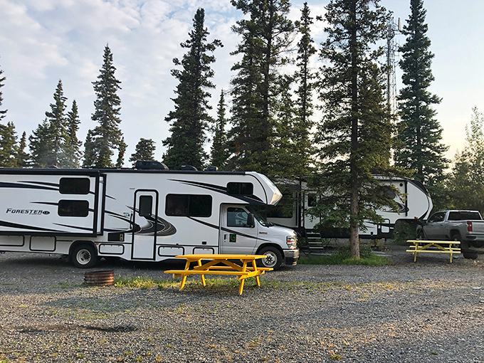 Home away from home on wheels. This campsite offers the perfect blend of civilization and wilderness&mdash;just enough amenities to be comfortable, with nature's cathedral right outside.
