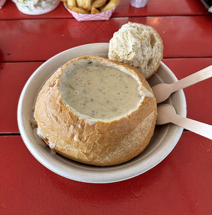 Bread bowl brilliance! This clam chowder isn't just soup&mdash;it's a warm hug in edible form, perfect for foggy Malibu afternoons.