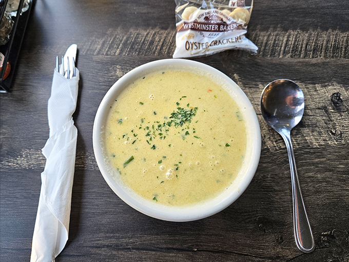 Creamy, dreamy clam chowder served with Westminster oyster crackers&mdash;because some traditions are simply non-negotiable around here.