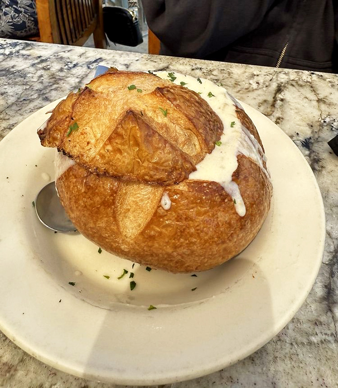 Clam chowder served in a sourdough bread bowl &ndash; because sometimes the best bowl is one you can eat when you're finished.