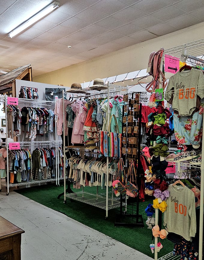 Vintage clothing racks where today's "fast fashion" is replaced by yesterday's handmade quality – each piece with character modern stores can't replicate.