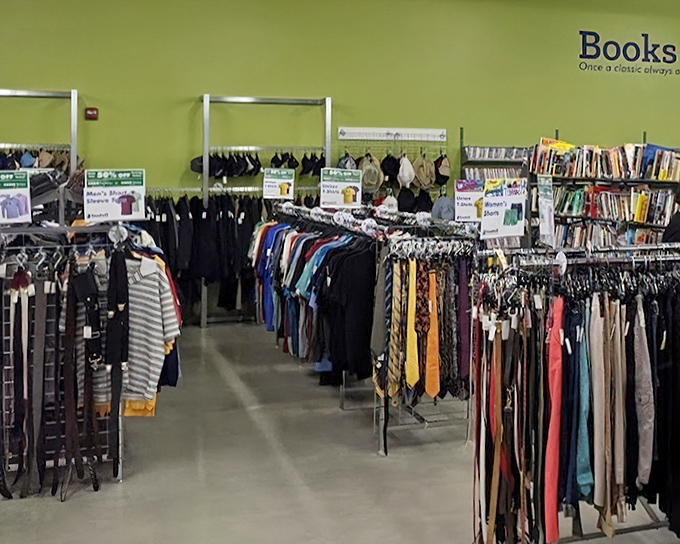 The clothing section: color-coded for your treasure-hunting pleasure. That designer label hiding between polyester shirts? It's the thrifter's equivalent of striking gold.