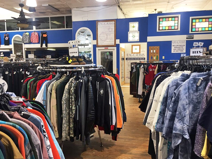 Blue walls and wooden floors create the perfect backdrop for this treasure trove of jackets and shirts, where yesterday's fashion finds tomorrow's admirers.