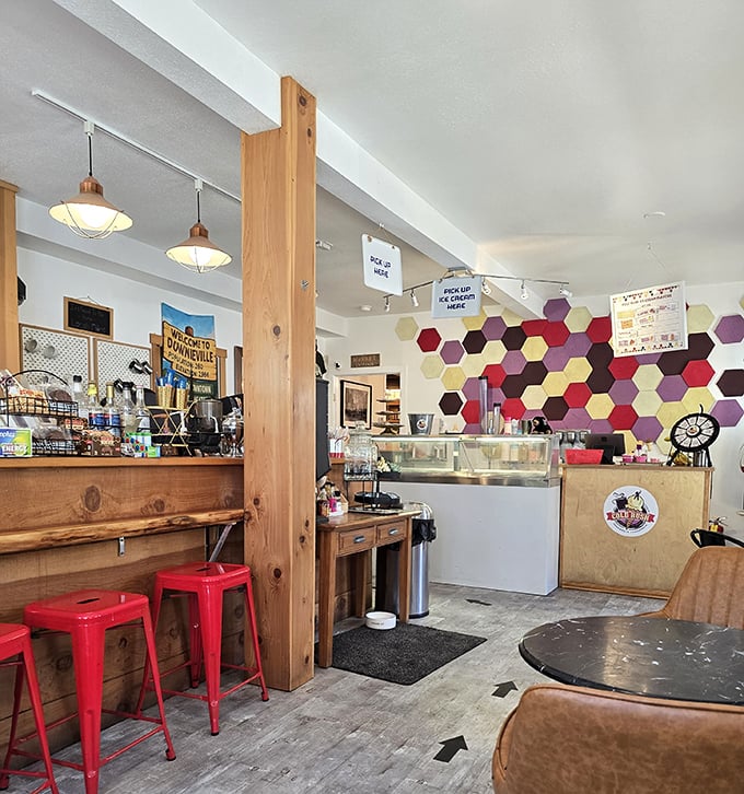 Inside this cozy cafe, hexagon tiles add modern flair to rustic wood beams&mdash;a perfect spot to refuel after conquering mountain trails.