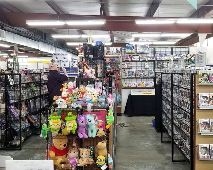 A collector's paradise where vintage video games meet plush companions. That Winnie the Pooh has seen things, and now he's looking for a new home. 