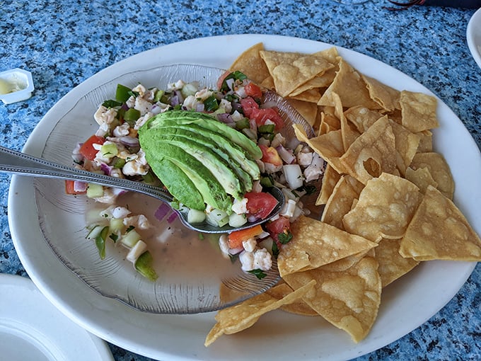 Ceviche with avocado and tortilla chips &ndash; a vacation on a plate that whispers, "Slow down, you're in the Keys now."