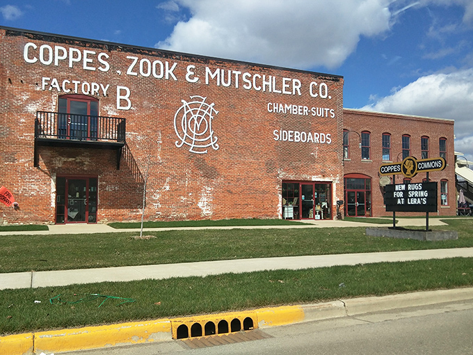 Industrial heritage reimagined. The historic Coppes Commons building, once home to the famous Hoosier Cabinet factory, now houses artisan shops and local treasures.