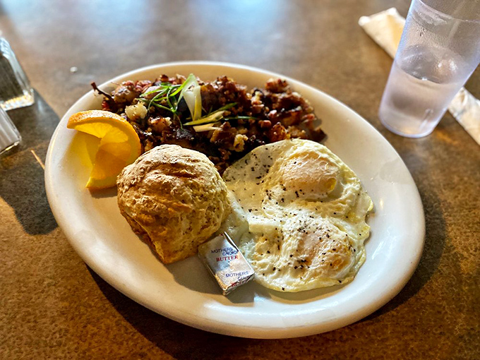Corned beef hash that didn't come from a can and eggs that remember what sunshine feels like. The biscuit is just showing off.