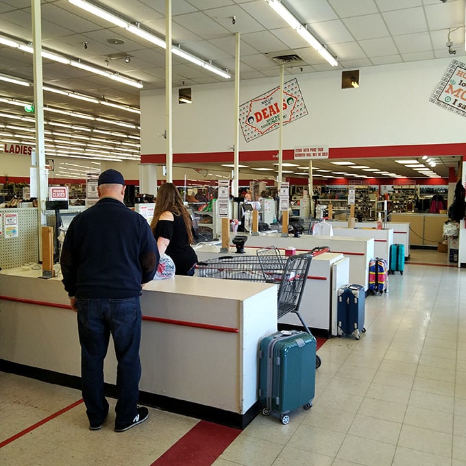 The checkout counter, where thrifting victories are tallied and shoppers exchange knowing smiles over their incredible finds.