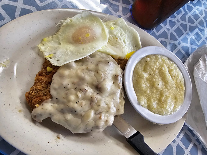 Country fried steak with eggs and gravy&mdash;because sometimes breakfast needs to double as lunch and possibly dinner too.