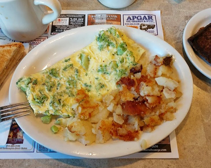 This broccoli omelet proves vegetables can be breakfast heroes too. Fluffy eggs, vibrant green broccoli, and those homefries that somehow improve everything they touch.