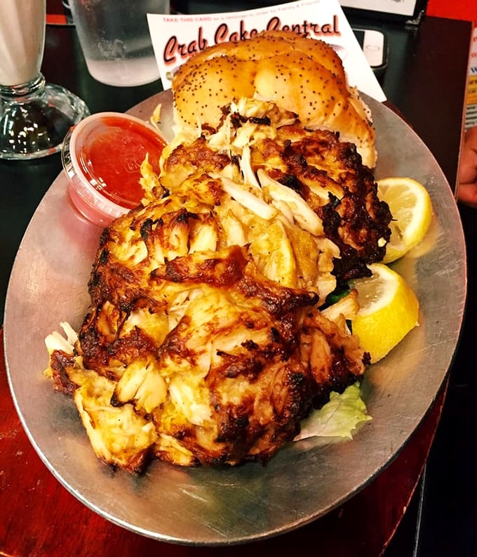 Maryland's state treasure on a plate: jumbo lump crab cakes with minimal filler, proof that sometimes the simplest preparations yield the most extraordinary results.