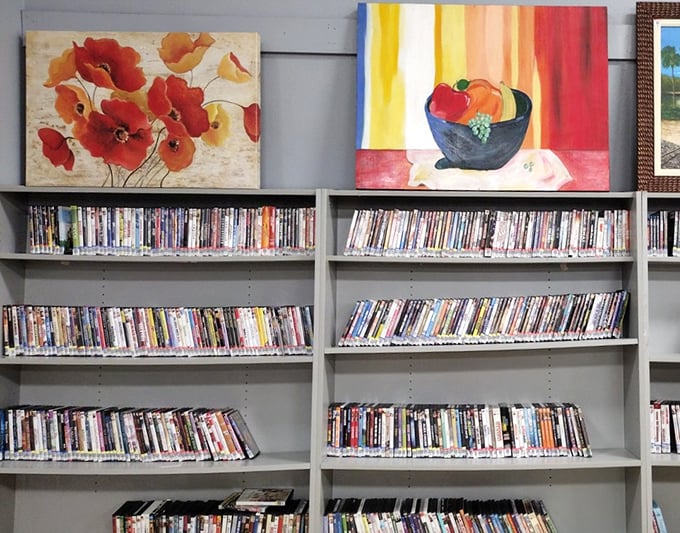 The media section doubles as an art gallery, where forgotten DVDs and vibrant paintings await adoption into new homes.